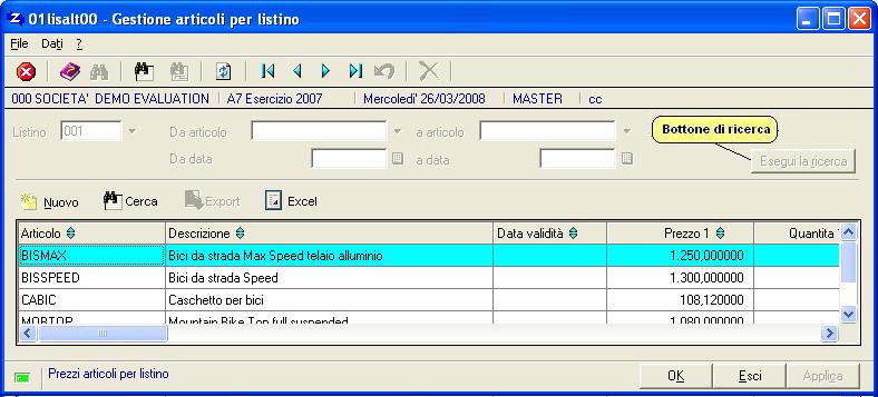Listini articoli per listino